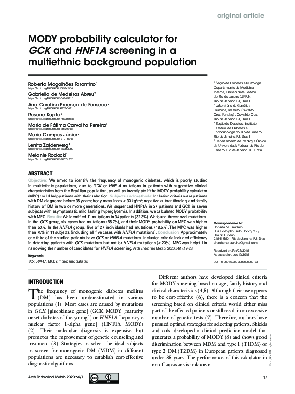 (PDF) MODY probability calculator for GCK and HNF1A screening in a ...