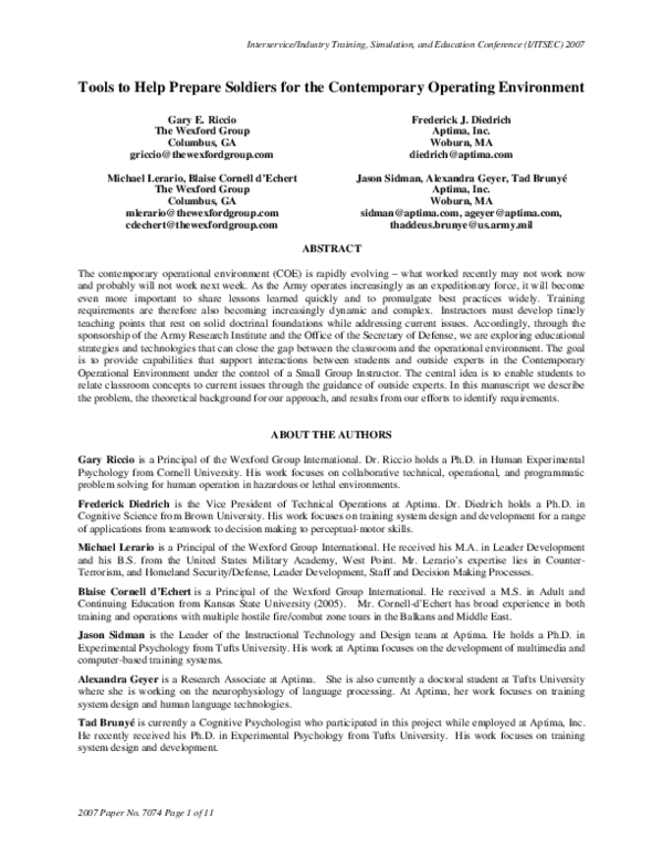 (PDF) Tools to Help Prepare Soldiers for the Contemporary Operating ...