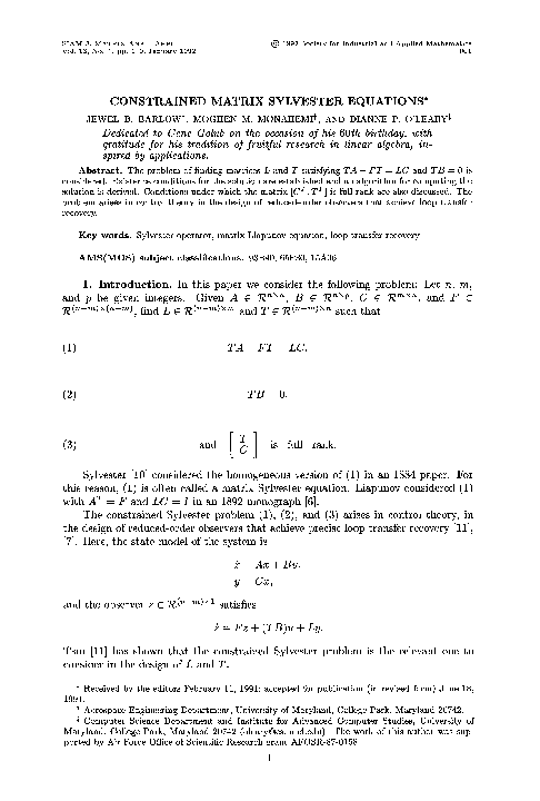 (PDF) Constrained Matrix Sylvester Equations