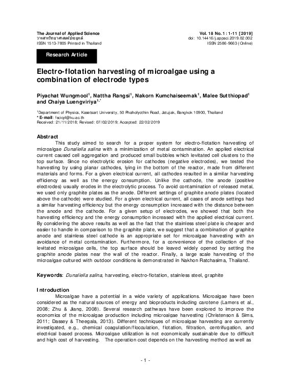 (PDF) Electro-flotation harvesting of microalgae using a combination of electrode types