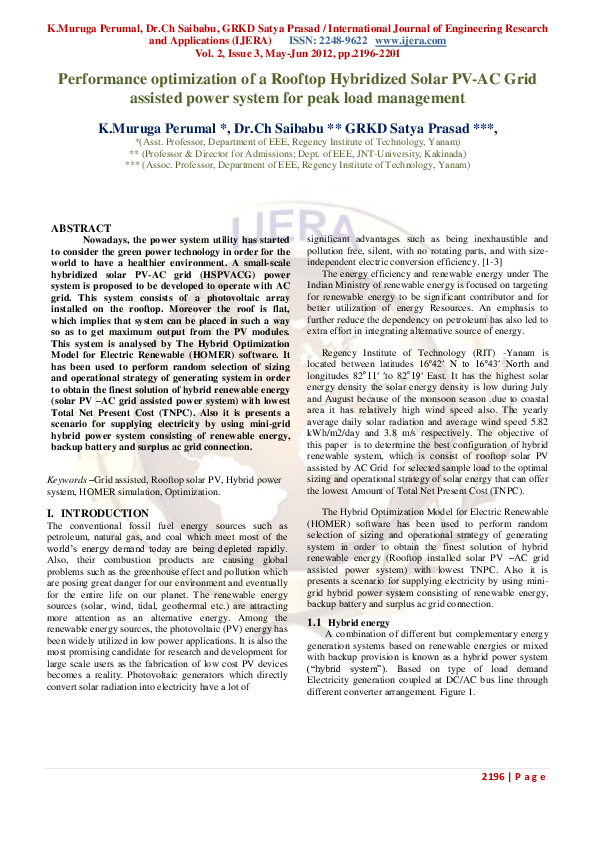 Performance optimization of a Rooftop Hybridized Solar PV-AC Grid ...