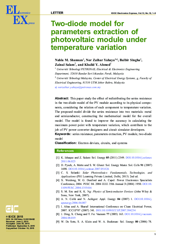 Pdf Two Diode Model For Parameters Extraction Of Photovoltaic Module