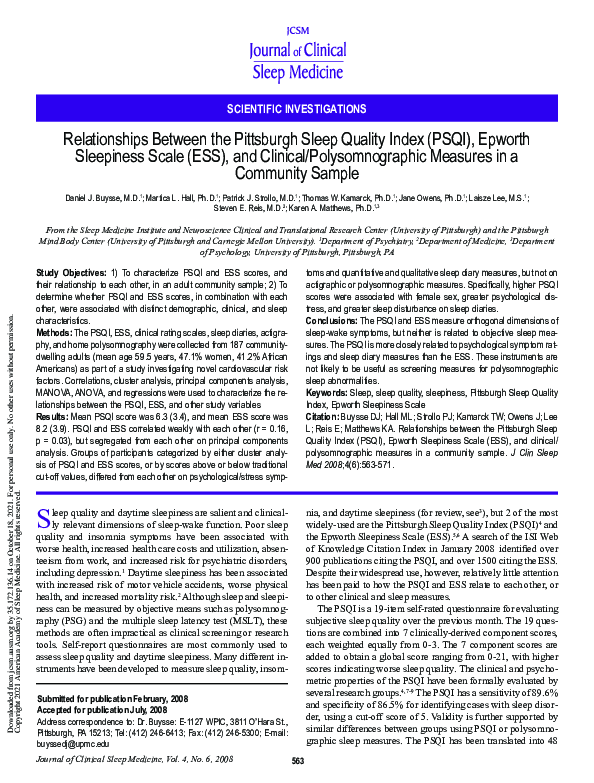 (PDF) Relationships between the Pittsburgh Sleep Quality Index (PSQI ...