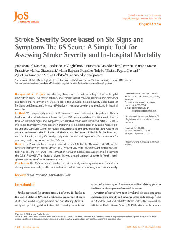 (PDF) Stroke Severity Score based on Six Signs and Symptoms The 6S ...
