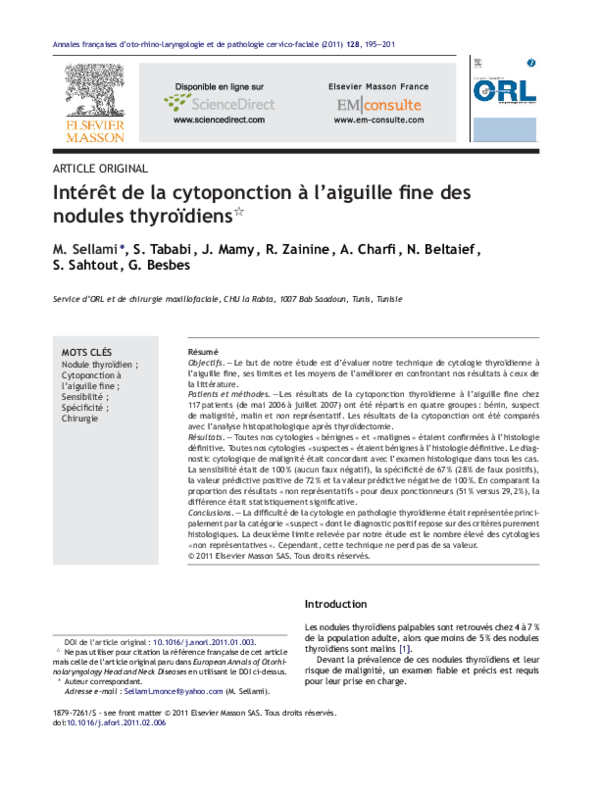 (PDF) Intérêt de la cytoponction à l’aiguille fine des nodules thyroïdiens