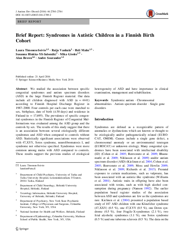 (PDF) Brief Report: Syndromes in Autistic Children in a Finnish Birth ...