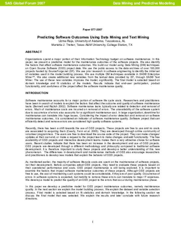 (PDF) Predicting Software Outcomes Using Data Mining and Text Mining | Marietta Tretter ...