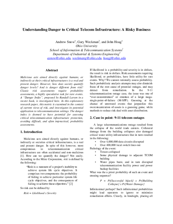 (PDF) Understanding Danger to Critical Telecom Infrastructure: A Risky ...
