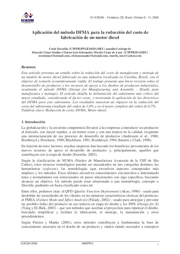 (PDF) Aplicaci n del m todo DFMA para la reducci n del costo de fabricaci n de un motor diesel