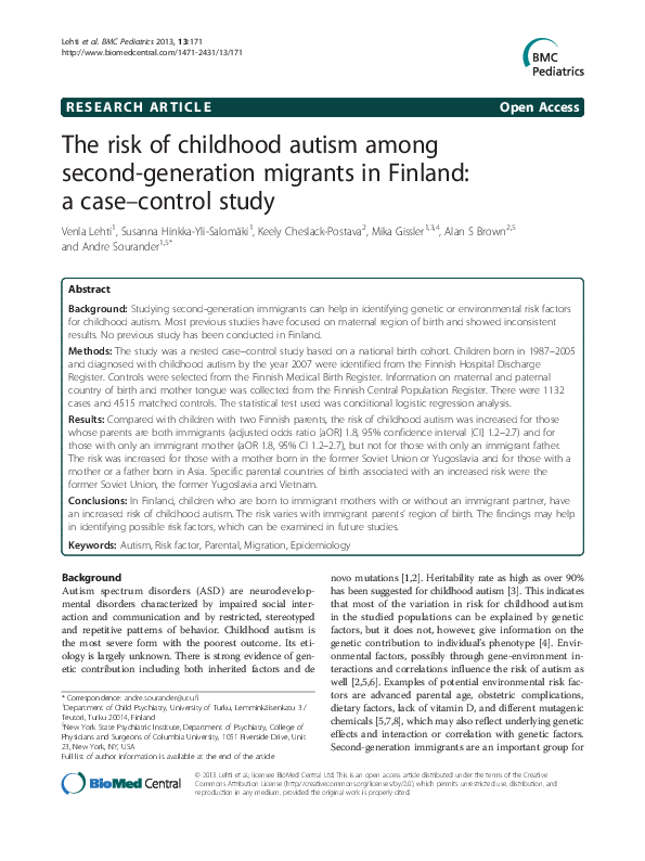 (PDF) The risk of childhood autism among second-generation migrants in ...