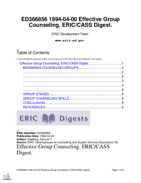 (PDF) Effective Group Counseling. ERIC/CASS Digest | Samuel Gladding ...