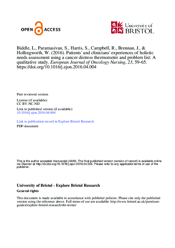 (PDF) Patients' and clinicians' experiences of holistic needs ...