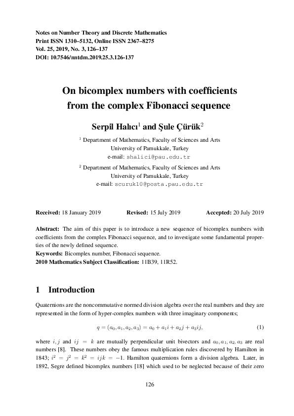 (PDF) On bicomplex numbers with coefficients from the complex Fibonacci sequence | Serpil Halıcı ...