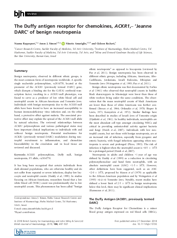 (PDF) The Duffy antigen receptor for chemokines, ACKR1 ,- ‘Jeanne DARC ...