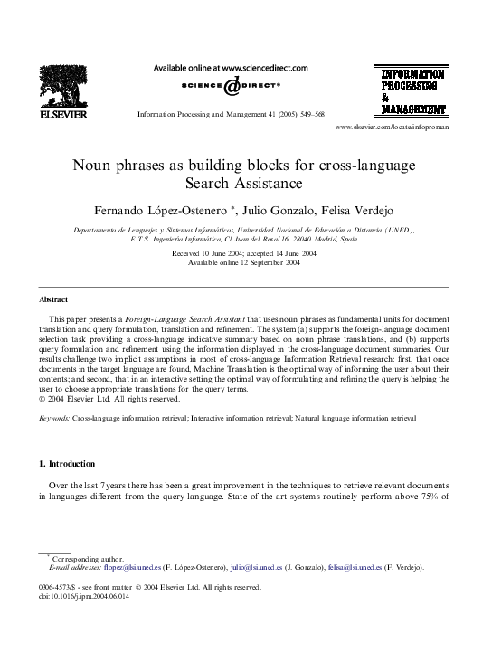 (PDF) Noun phrases as building blocks for cross-language Search Assistance