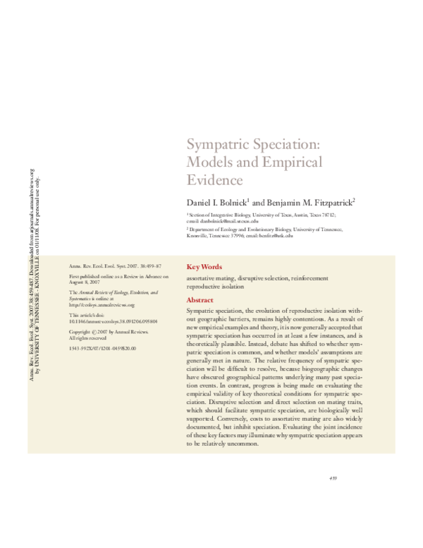 (PDF) Sympatric Speciation: Models and Empirical Evidence