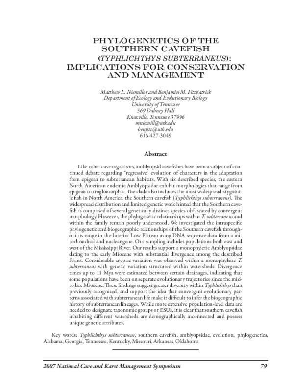 (PDF) Phylogenetics of the southern cavefish, Typhlichthys subterraneus ...