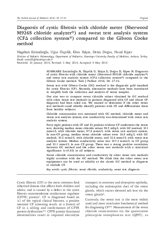 (PDF) Diagnosis of cystic fibrosis with chloride meter (Sherwood M926S ...