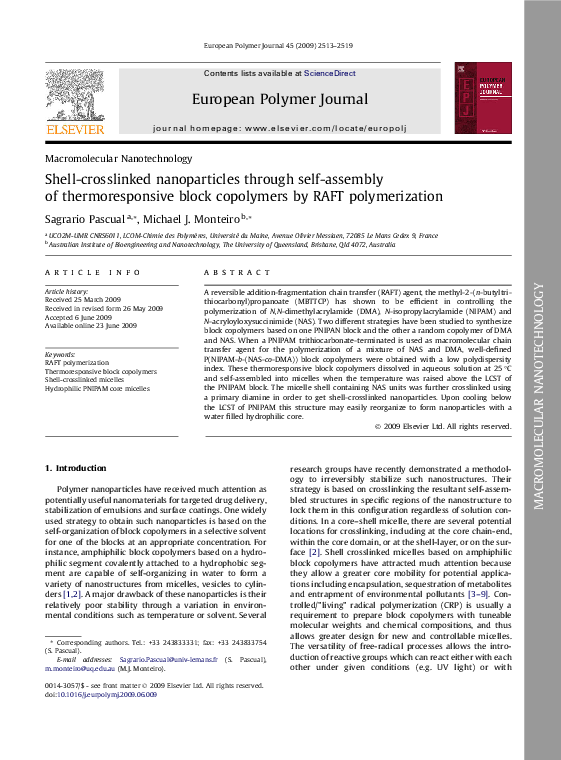 (PDF) Shell-crosslinked nanoparticles through self-assembly of thermoresponsive block copolymers ...