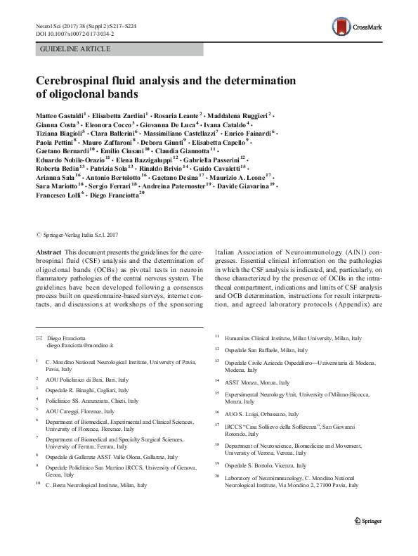(PDF) Cerebrospinal fluid analysis and the determination of oligoclonal bands