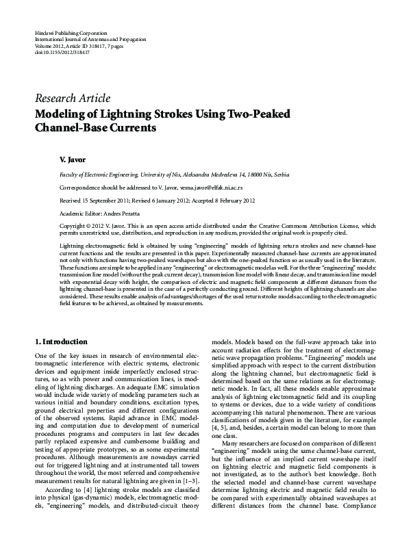 (PDF) Modeling of Lightning Strokes Using Two-Peaked Channel-Base Currents