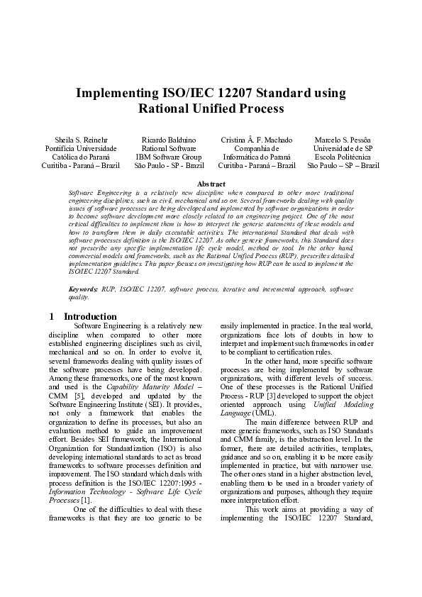 (PDF) Implementing ISO/IEC 12207 Standard using Rational Unified Process