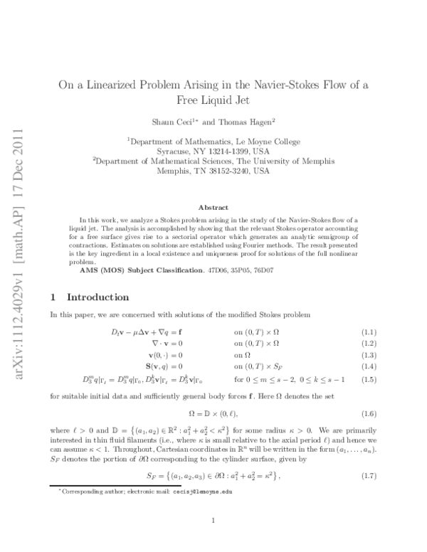 (PDF) On a linearized problem arising in the Navier–Stokes flow of a ...