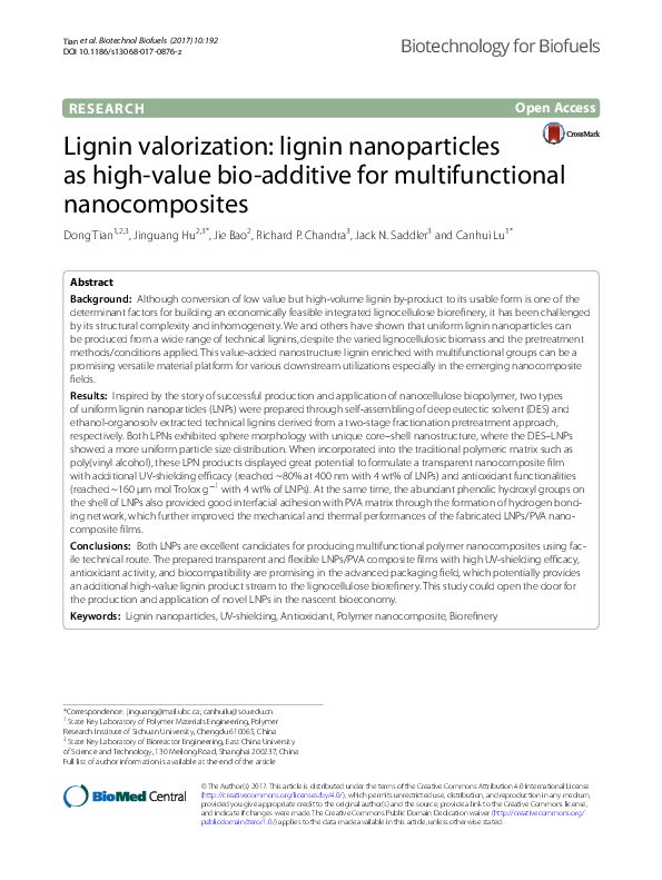 (PDF) Lignin valorization: lignin nanoparticles as high-value bio-additive for multifunctional ...