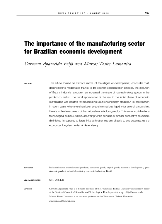 (PDF) The importance of the manufacturing sector for Brazilian economic ...