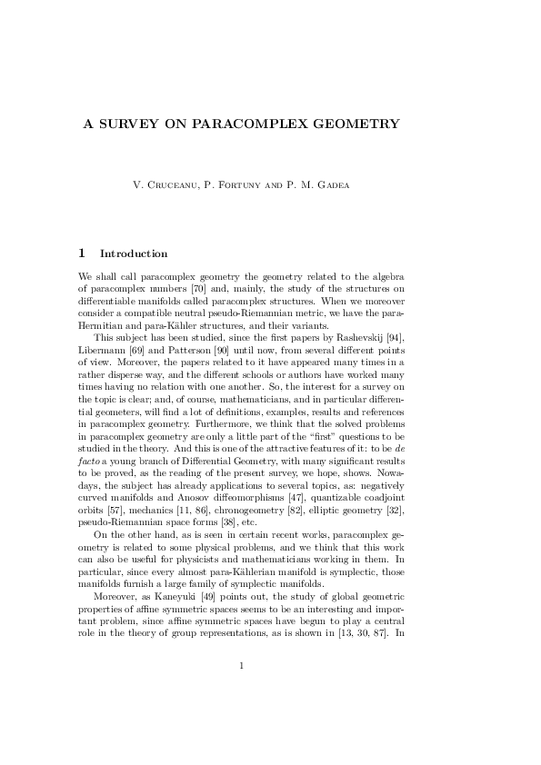 (PDF) A Survey on Paracomplex Geometry