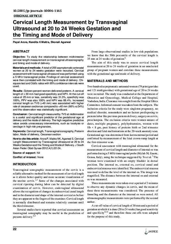 (PDF) Cervical Length Measurement by Transvaginal Ultrasound at 20 to ...