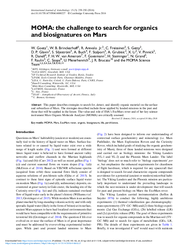 (PDF) MOMA: the challenge to search for organics and biosignatures on Mars