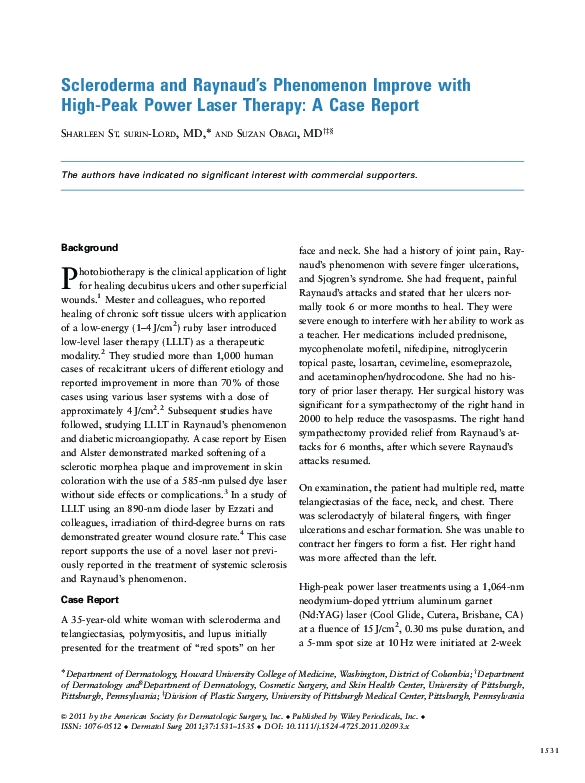 (PDF) Scleroderma and Raynaud's Phenomenon Improve with High-Peak Power Laser Therapy: A Case Report