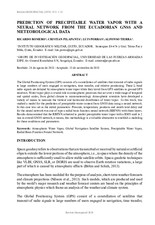 (PDF) Prediction of Precipitable Water Vapor with a Neural Network from the Ecuadorian GNSS and ...