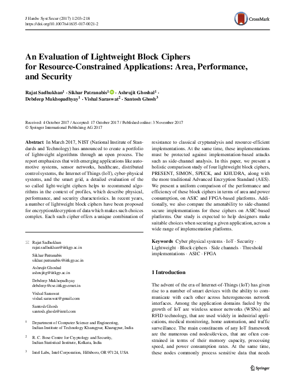 (PDF) An Evaluation of Lightweight Block Ciphers for Resource-Constrained Applications: Area ...