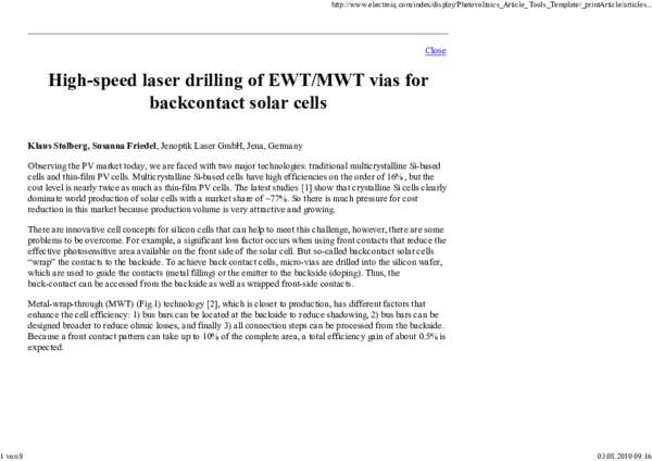 (PDF) High-speed laser drilling of EWT/MWT vias for backcontact solar cells