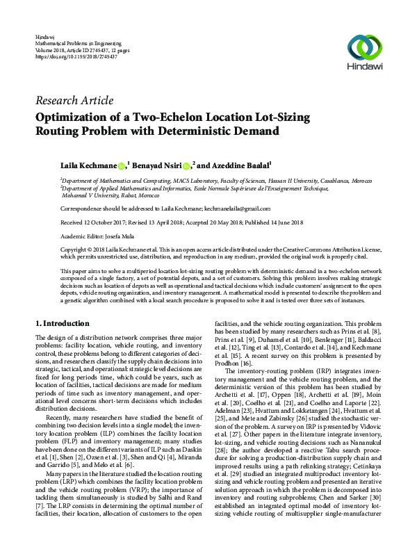 Pdf Optimization Of A Two Echelon Location Lot Sizing Routing Problem