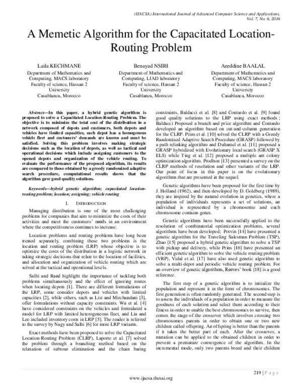 Pdf A Memetic Algorithm For The Capacitated Location Routing Problem Azeddine Baalal