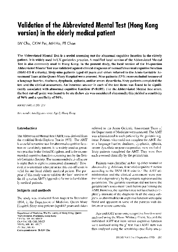 (PDF) Validation of the abbreviated mental test (Hong Kong version) in ...