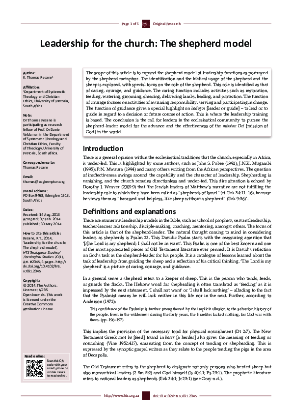 (PDF) Leadership for the church: The shepherd model