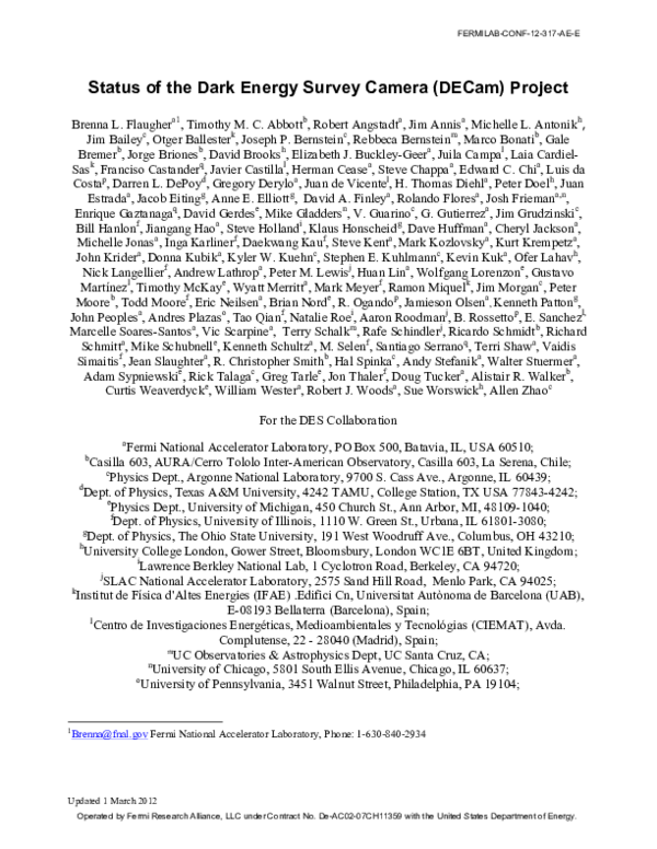 (PDF) Status of the dark energy survey camera (DECam) project