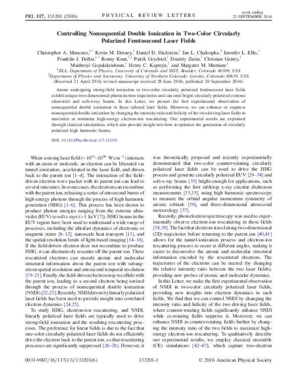 Pdf Controlling Nonsequential Double Ionization Via Two Color Few Cycle Pulses