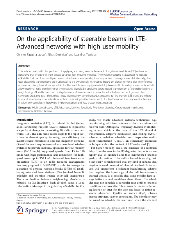 (PDF) On the applicability of steerable beams in LTE-Advanced networks with high user mobility