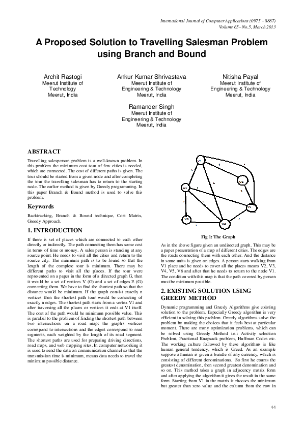 (PDF) A Proposed Solution to Travelling Salesman Problem using Branch and Bound