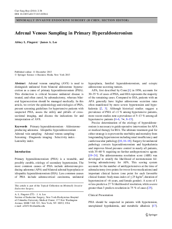 (PDF) Adrenal venous sampling in primary hyperaldosteronism: Comparison ...