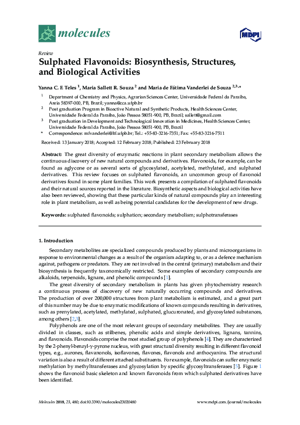 Sulphated Flavonoids: Biosynthesis, Structures, and Biological Activities