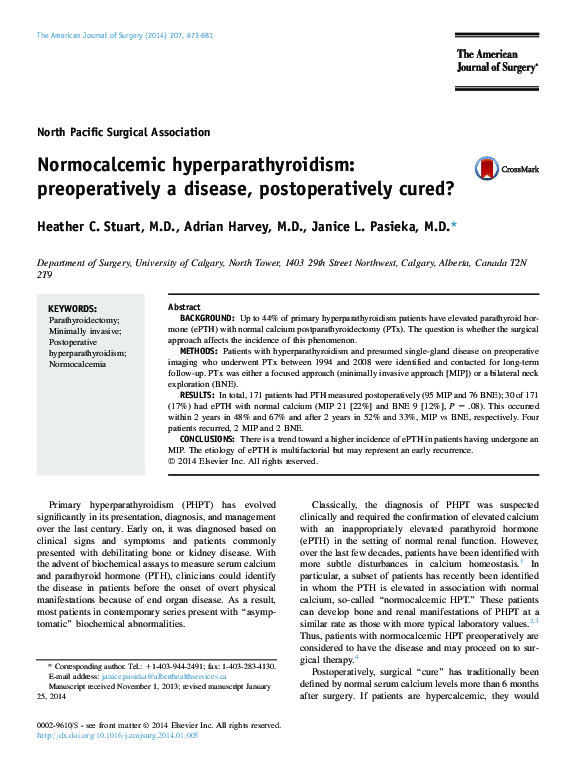 (PDF) Normocalcemic hyperparathyroidism: preoperatively a disease ...