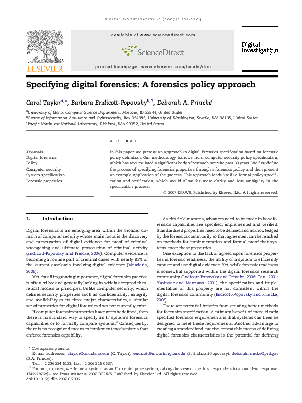 (PDF) Specifying digital forensics: A forensics policy approach
