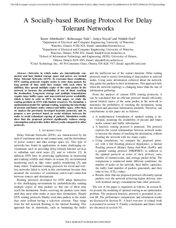 (PDF) A Socially-Based Routing Protocol for Delay Tolerant Networks