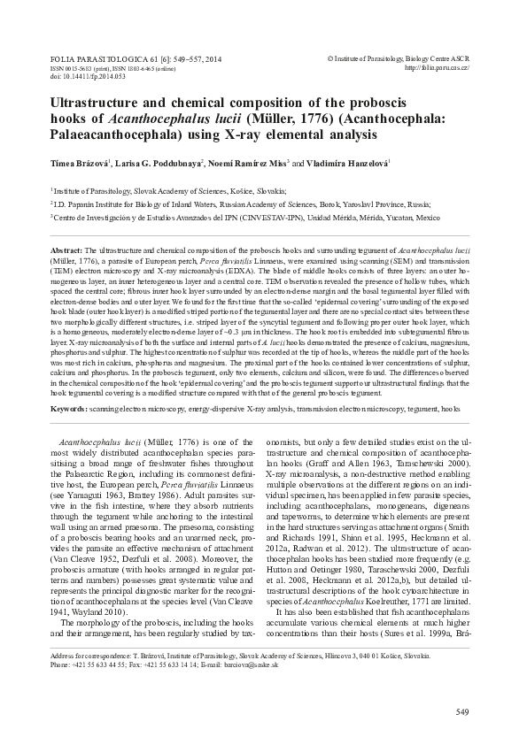 (PDF) Ultrastructure and chemical composition of the proboscis hooks of ...
